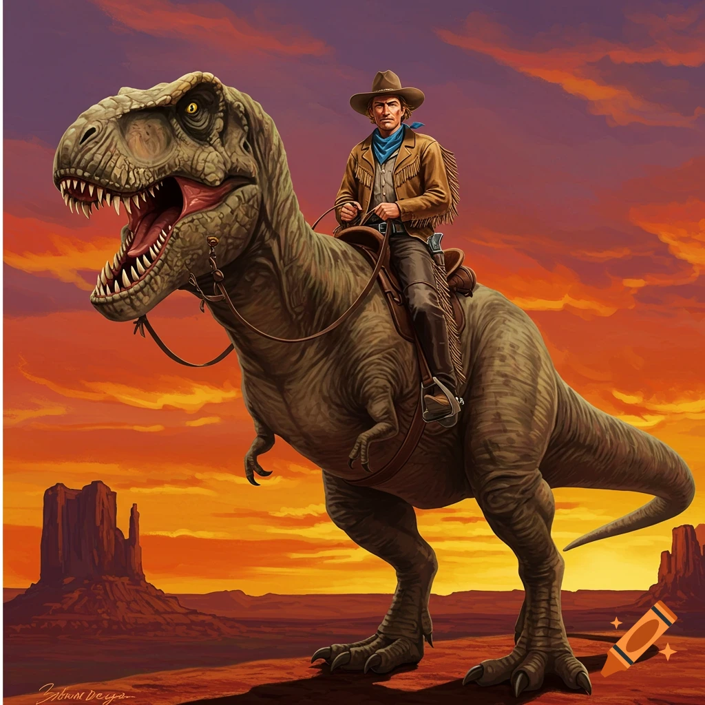 A cowboy rides a Tyrannosaurus Rex through a desert landscape at sunset ...