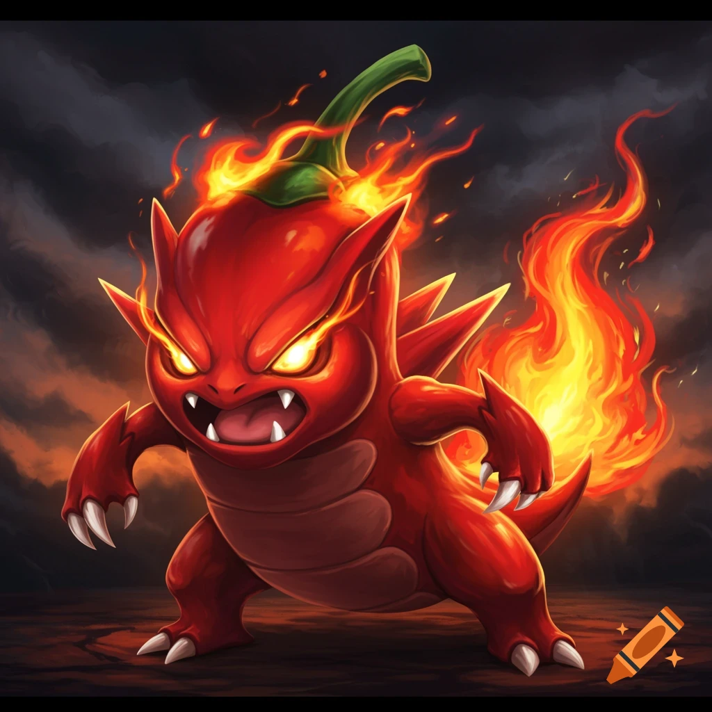 Angry red chili pepper creature on fire, in the style of Pokemon on Craiyon