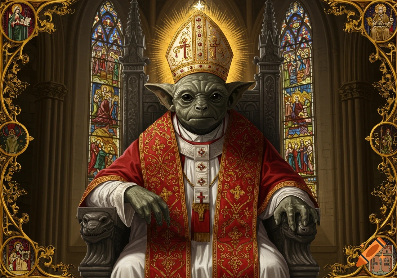 Yoda dressed as the Pope sits on a throne in a church with stained glass windows and an ornate ...