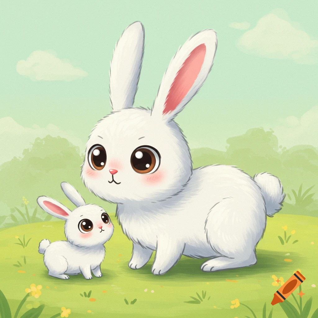Cartoon illustration of a large bunny and a small bunny in a grassy ...