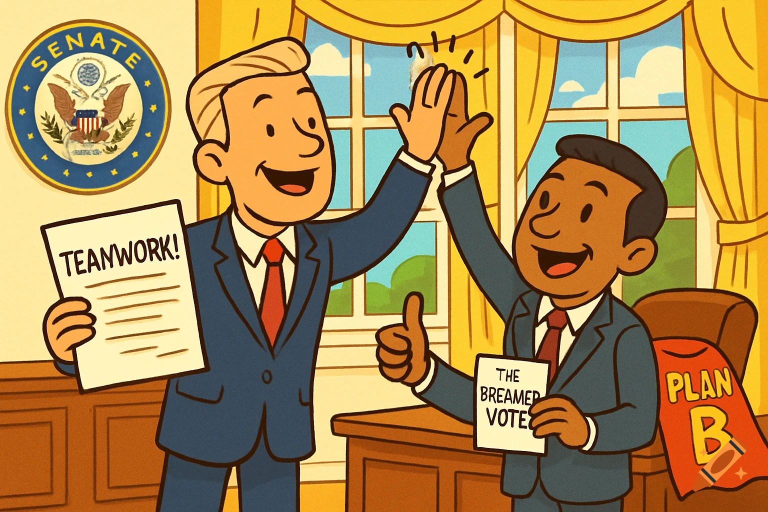 Cartoon of two figures in suits high-fiving in an office with a Senate ...