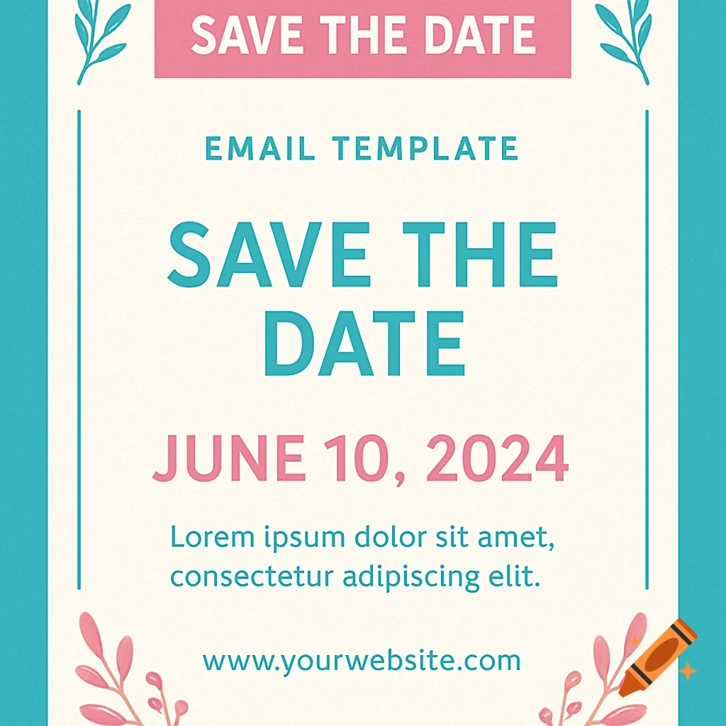 A save the date email template in turquoise and pink with text and ...