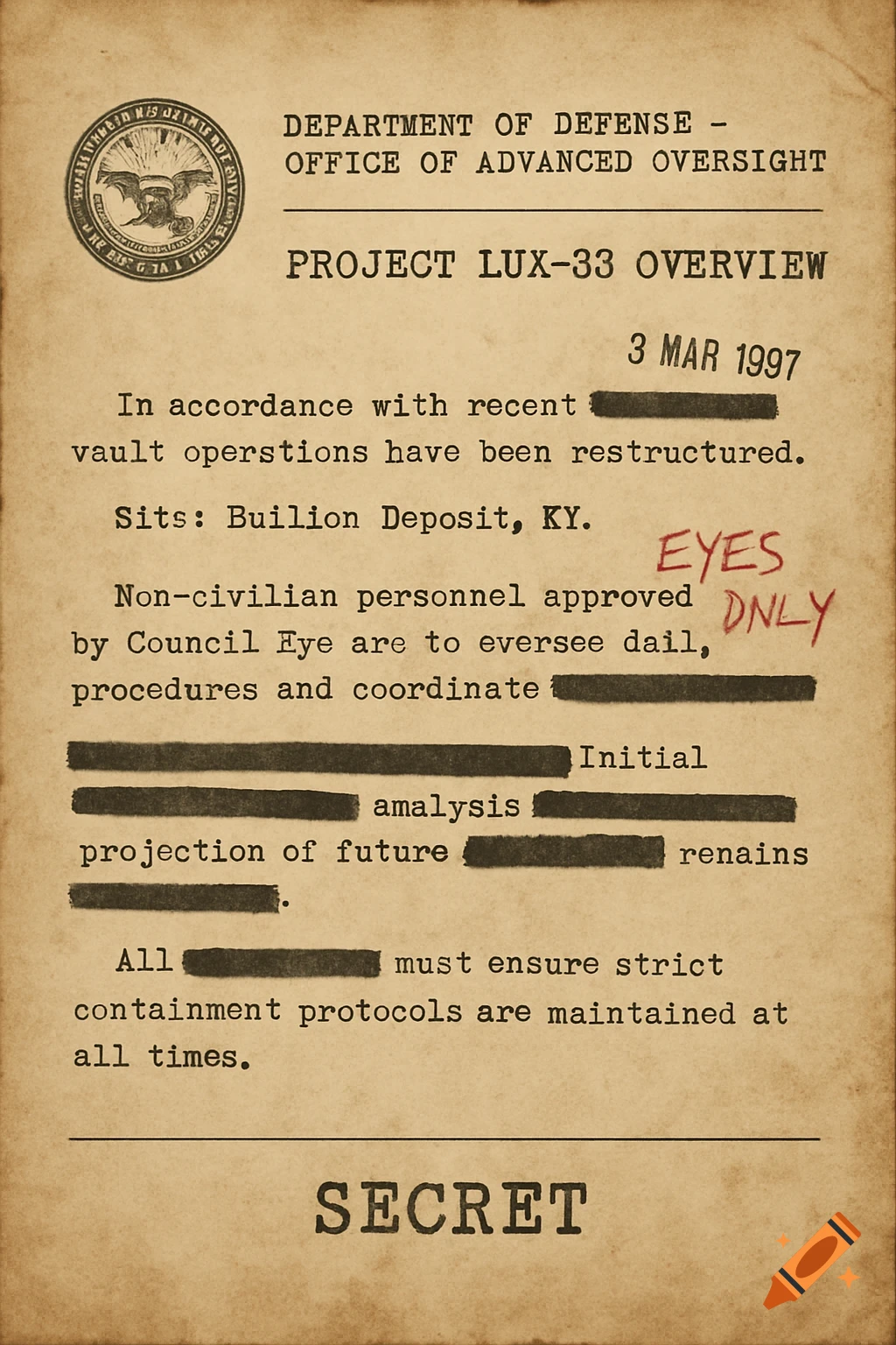 Aged, classified US government document with redactions and red ...