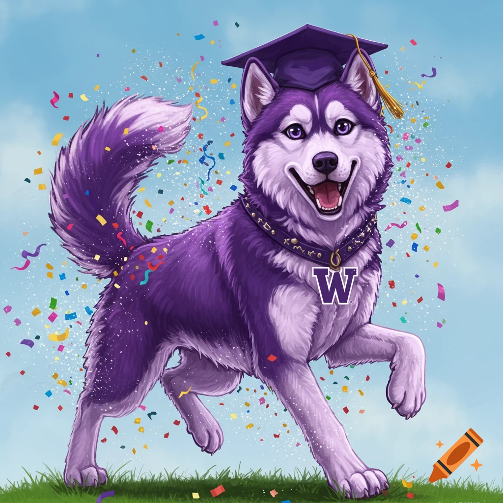A purple husky wearing a graduation cap runs through colorful confetti ...