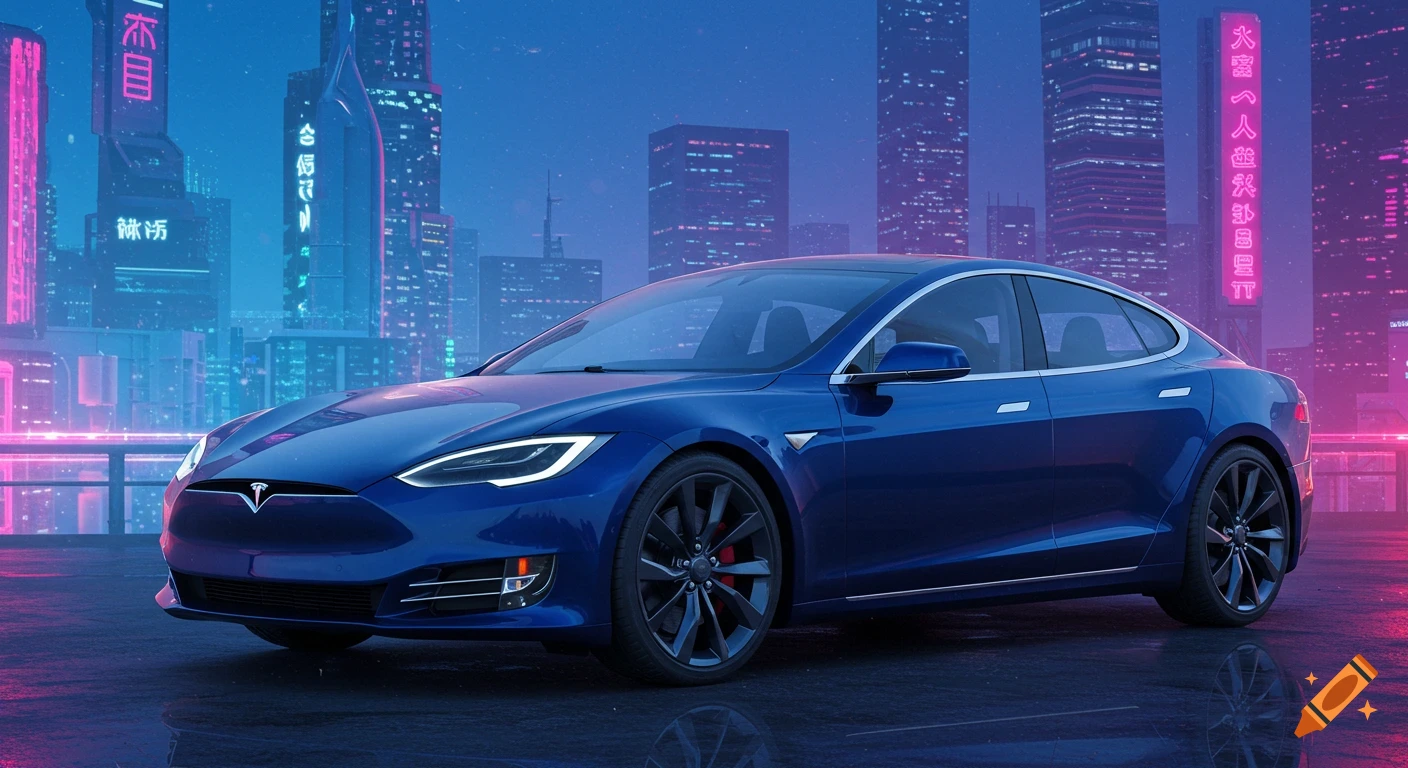 A blue Tesla car parked in a futuristic city with neon lights. on Craiyon