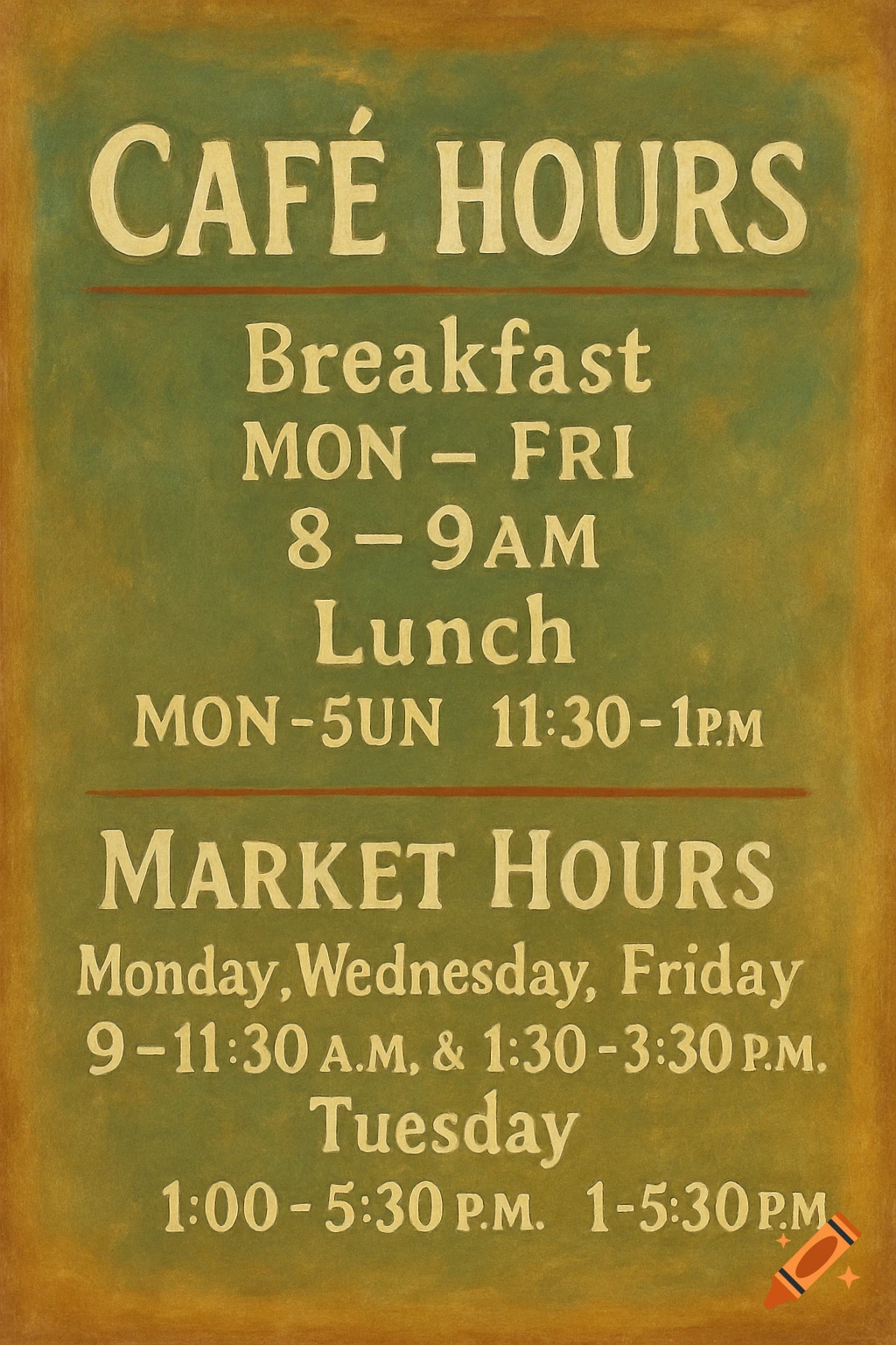 A vintage-style hand-painted sign with "Café Hours" and "Market Hours ...