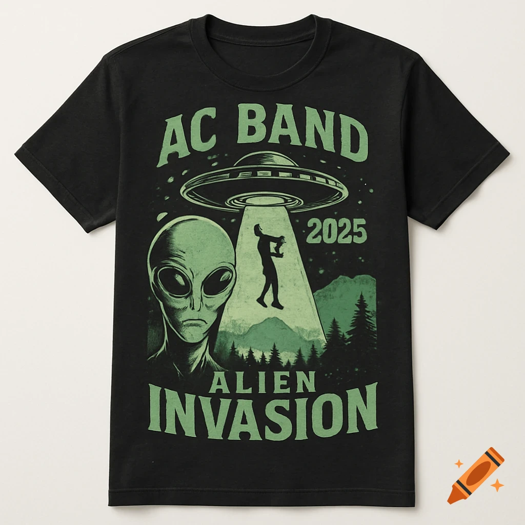 Black t-shirt with a green design showing an alien, UFO, person being ...