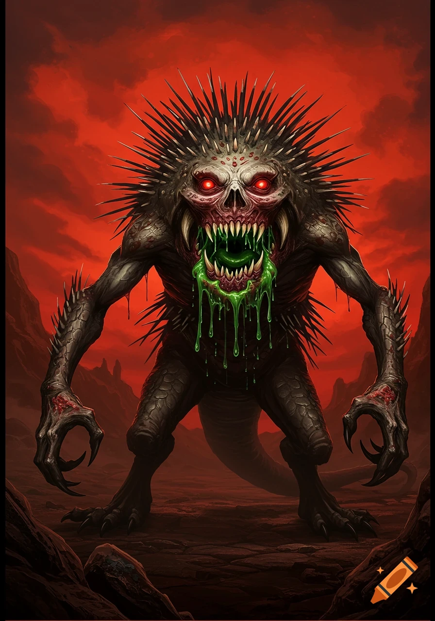 A spiky, grotesque monster with glowing red eyes, sharp teeth, and ...