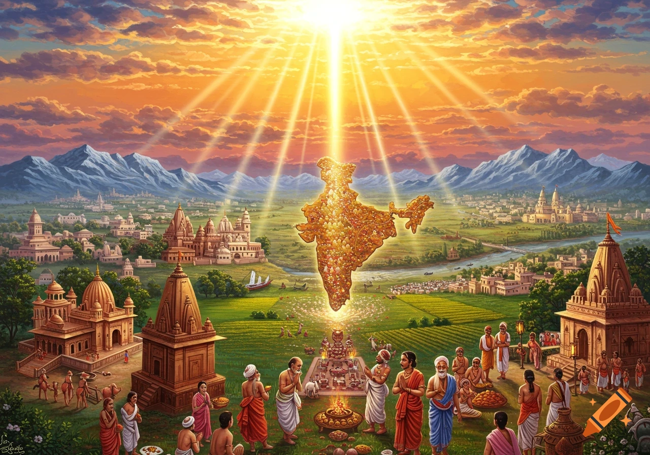 Painting of a golden map of India made of flowers, illuminated by sun ...