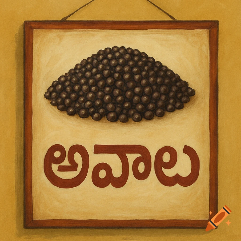 A sign board with a pile of black peppercorns and Telugu text. on Craiyon