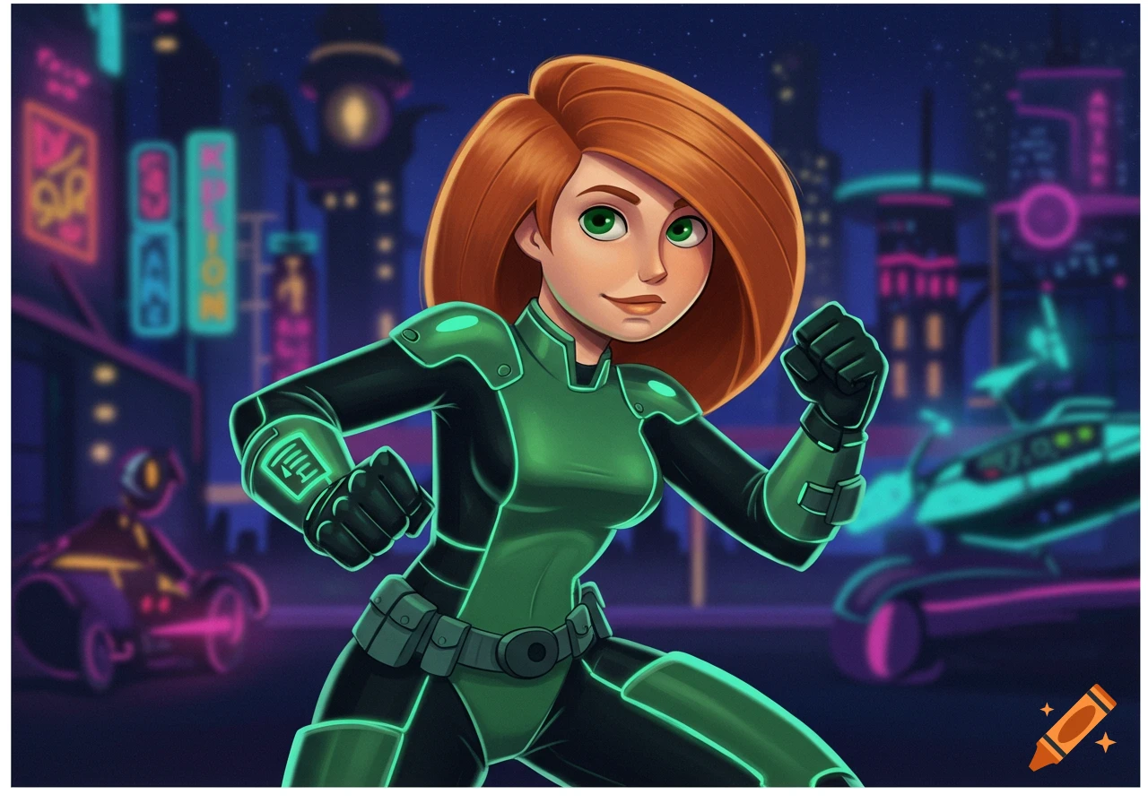 Kim Possible in her green battle suit stands in a futuristic city. on ...