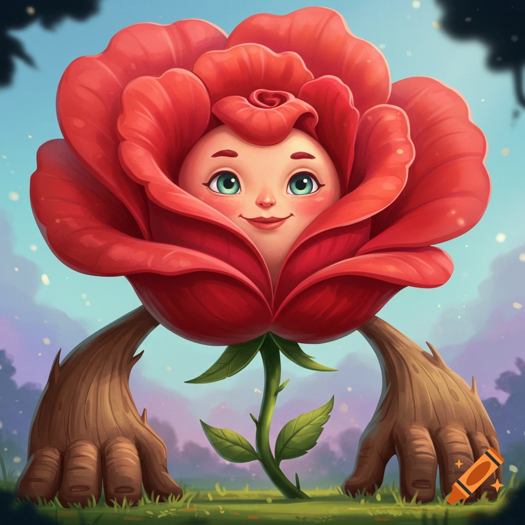 A cute cartoon red rose with a face and root-like arms stands in a ...