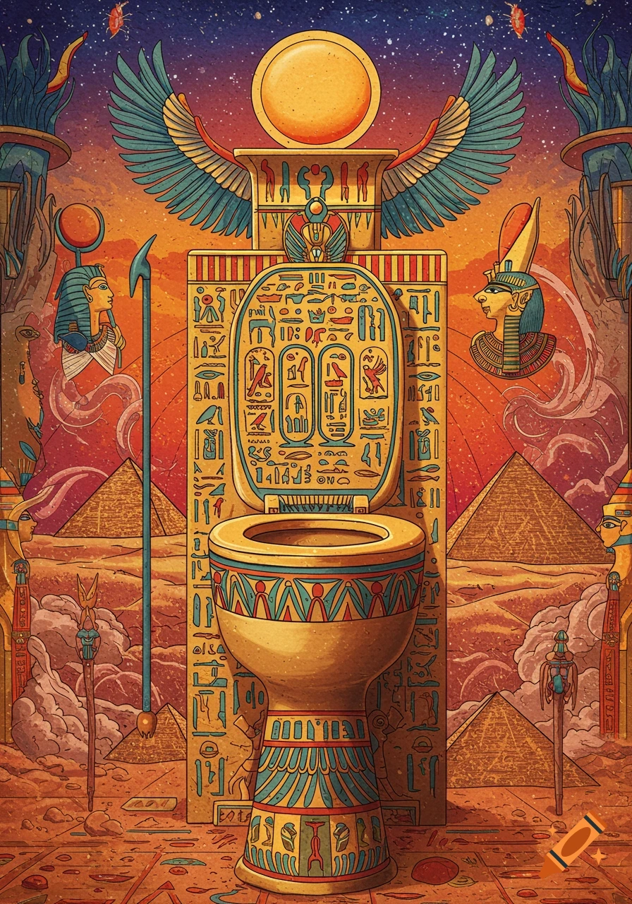 Illustration of an elaborate Egyptian-style toilet in a desert ...