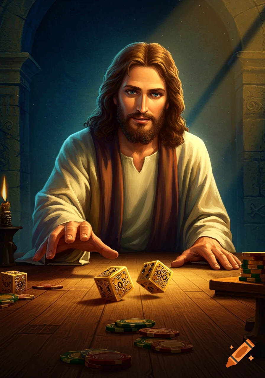 Painting of Jesus rolling golden dice on a table with poker chips. on ...