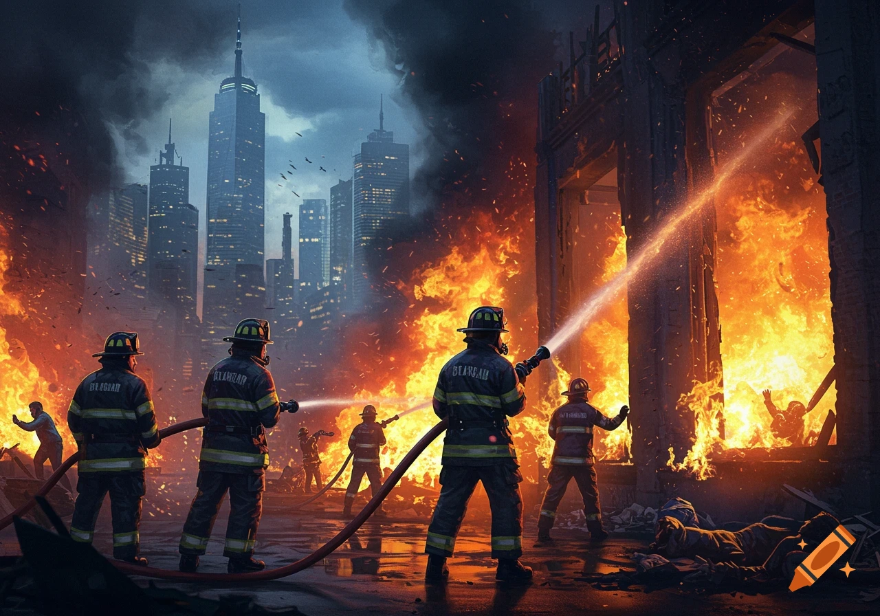 Firefighters battle a large building fire in a city at night. on Craiyon