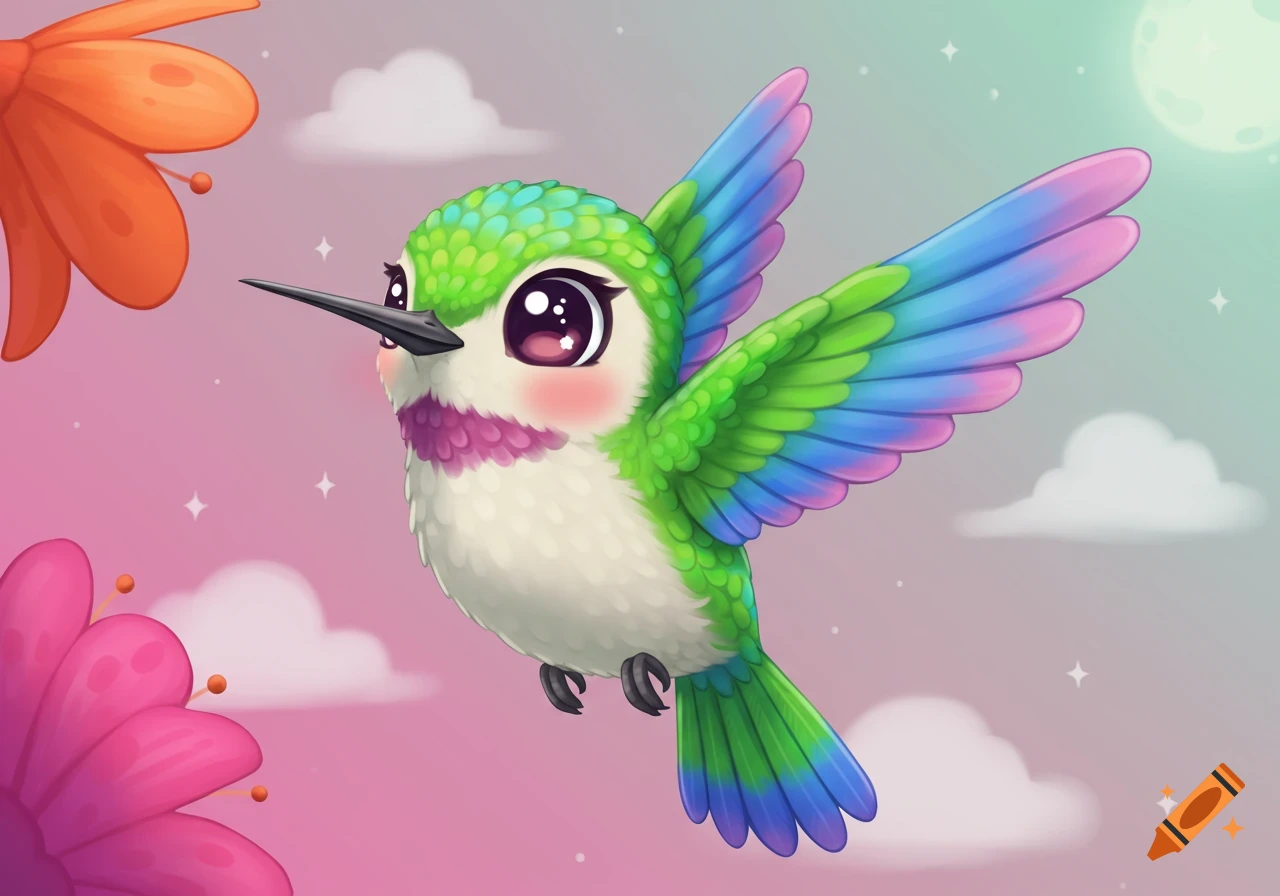 A cute cartoon hummingbird flies near orange and pink flowers. on Craiyon