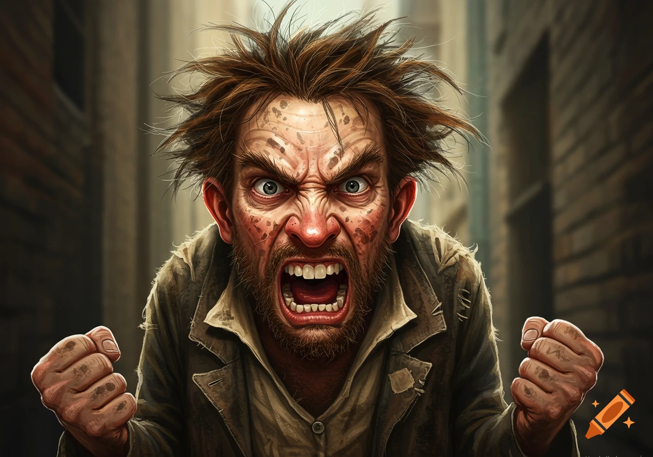 Close-up portrait of a very angry man with wild hair and beard, fists ...