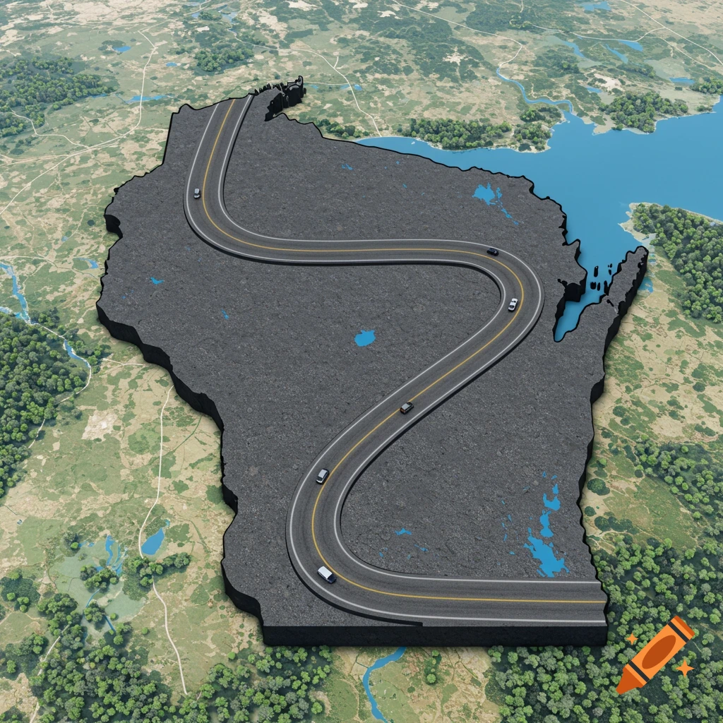 Aerial view of the state of Wisconsin outlined by a road with cars on ...