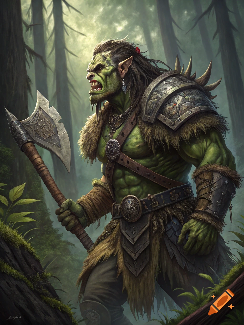 A powerful orc warrior with an axe stands in a forest. on Craiyon
