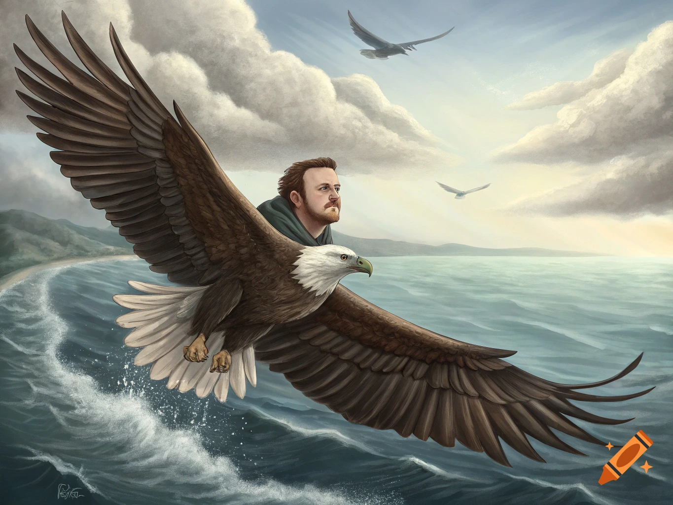 A man rides a large eagle flying over the ocean near a coastline ...