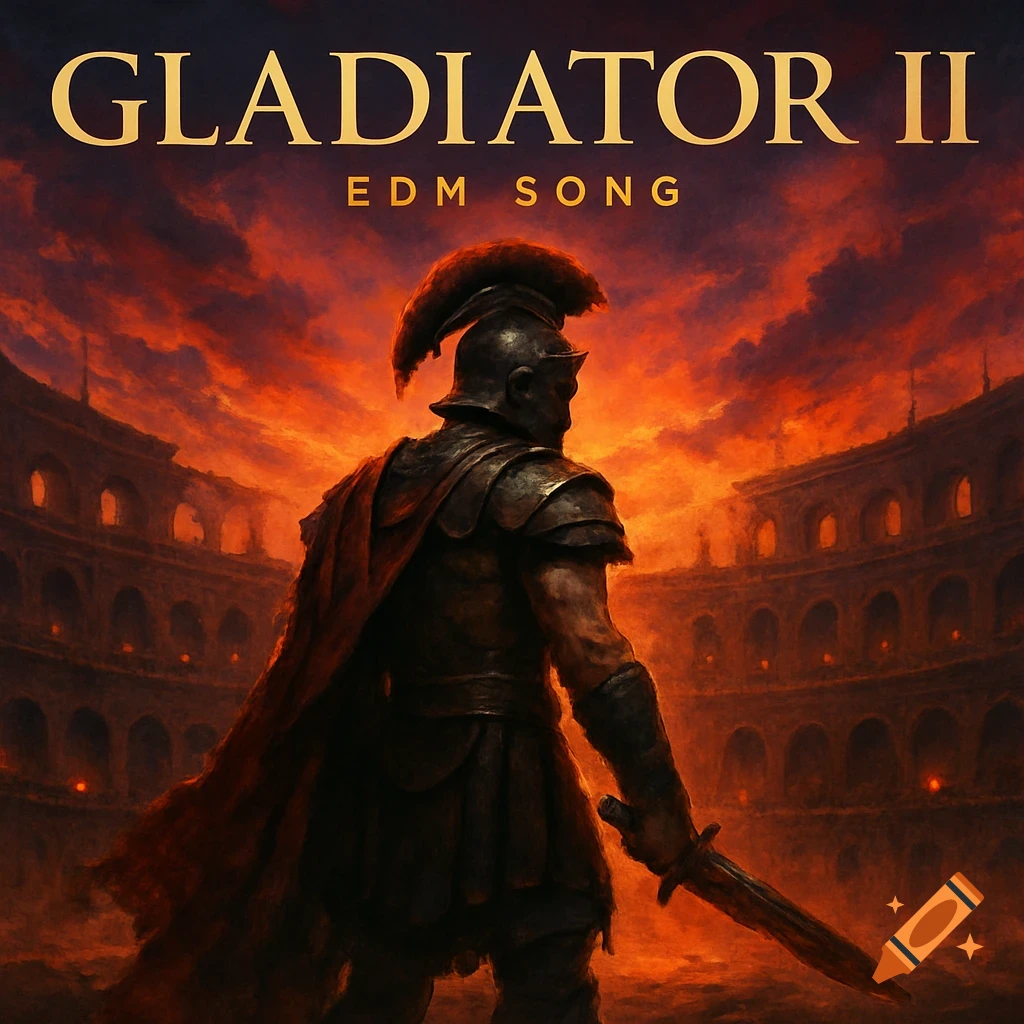 A gladiator in an arena with dramatic lighting, overlaid with the text ...