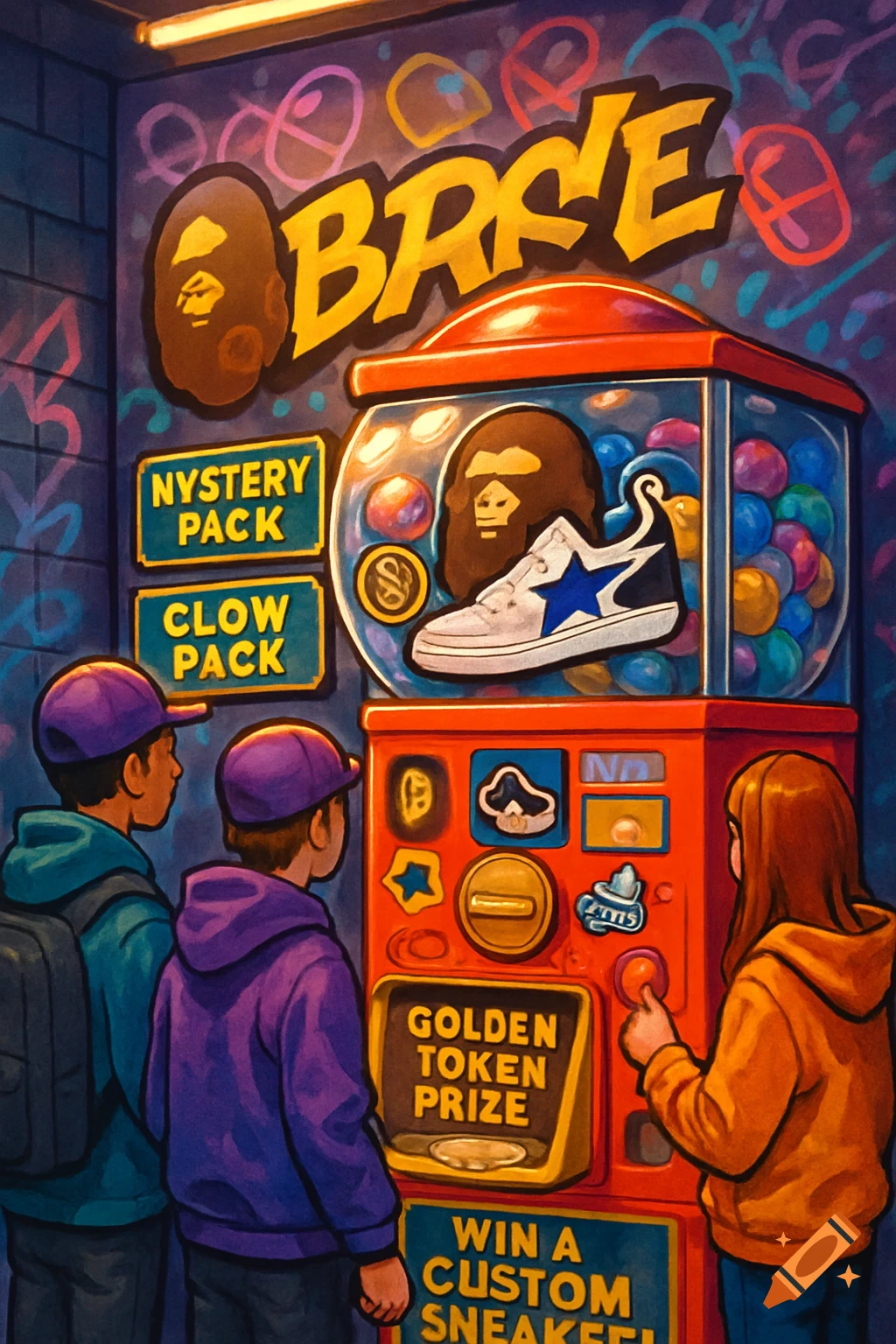 Illustration of kids at a streetwear vending machine with sneaker ...