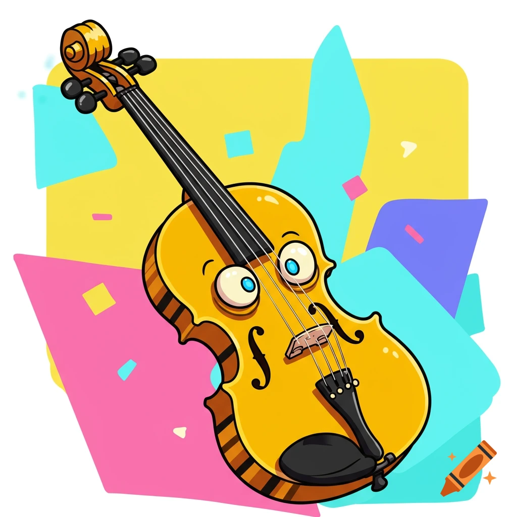 A cartoon violin with a funny face on a colorful abstract background ...