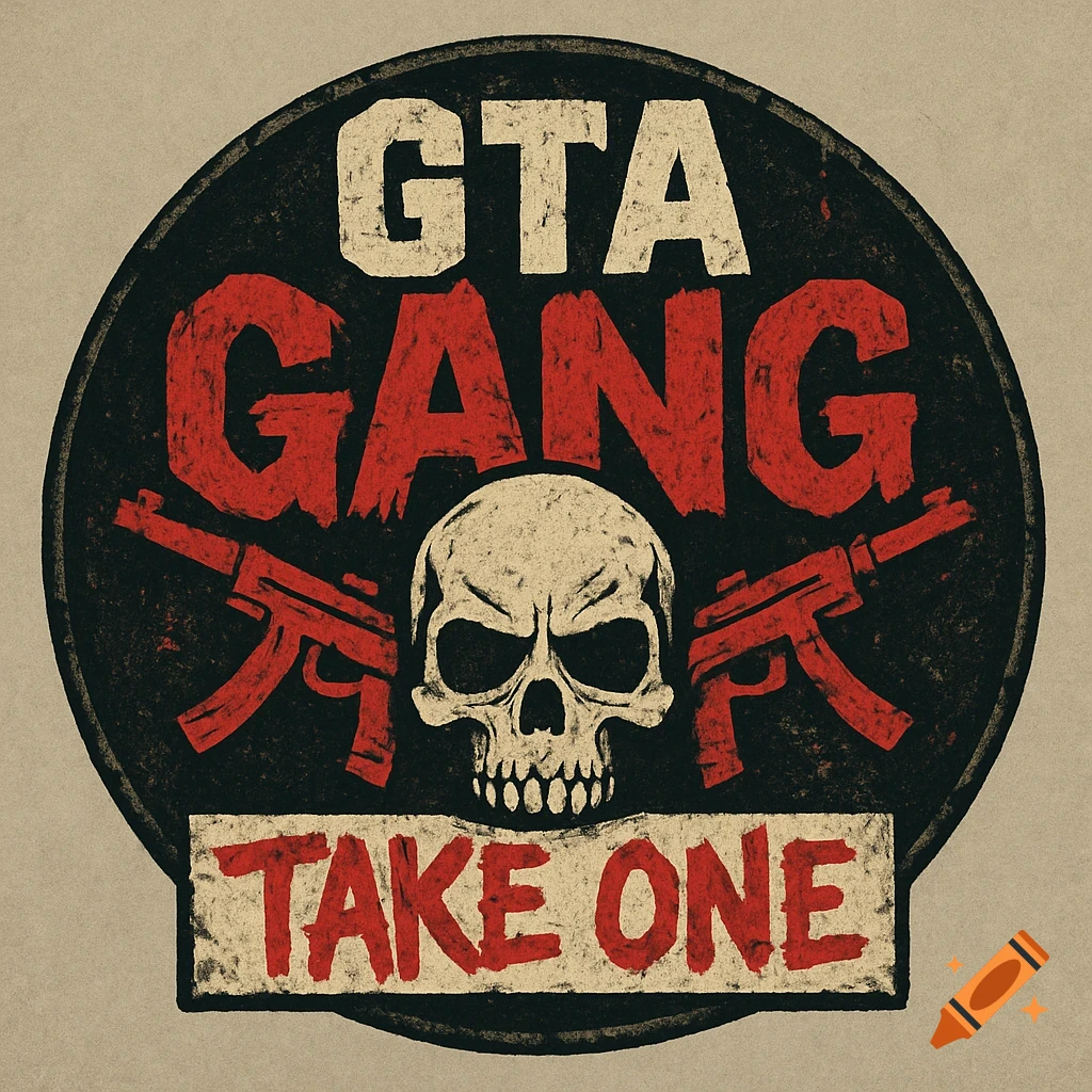 Circular gritty logo with GTA GANG, a skull, crossed guns, and TAKE ONE ...
