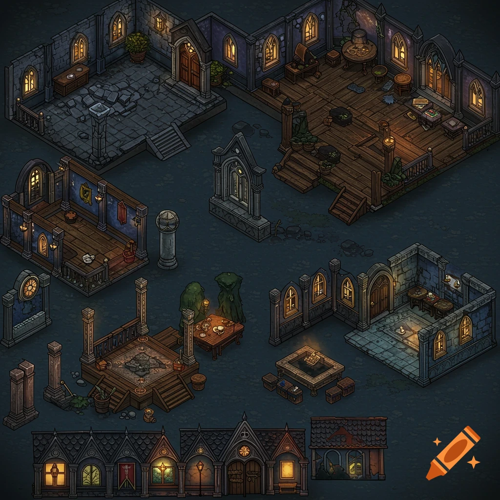 Isometric RPG tileset of gothic style rooms and building elements. on ...