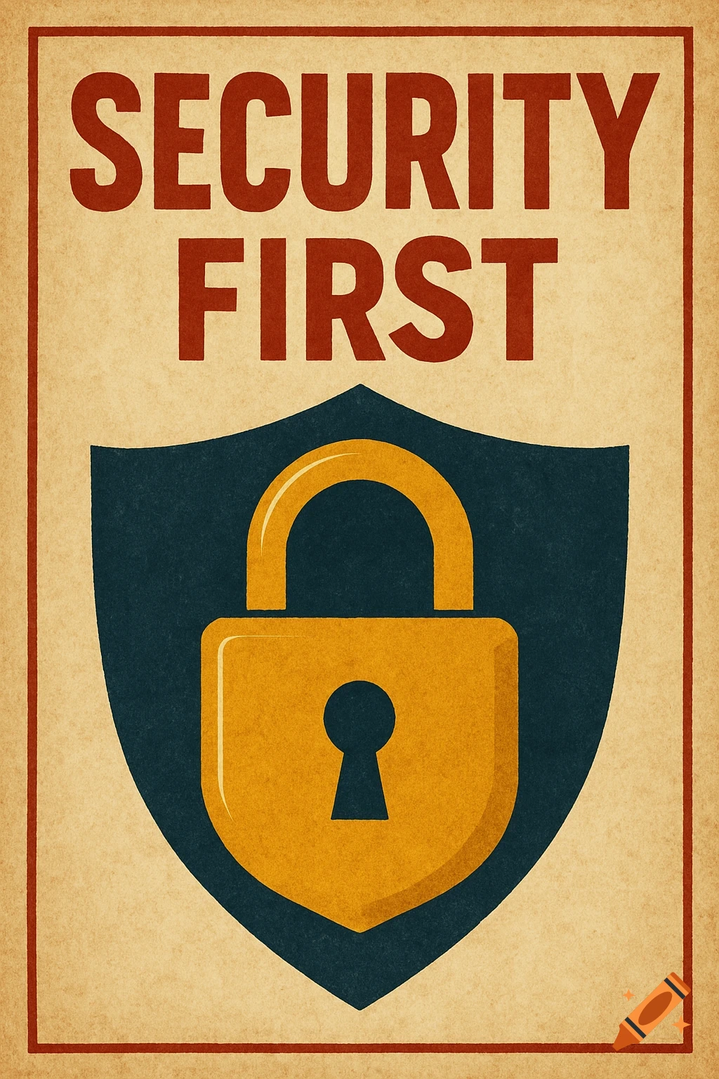 A vintage-style poster with a shield, a padlock, and the words ...