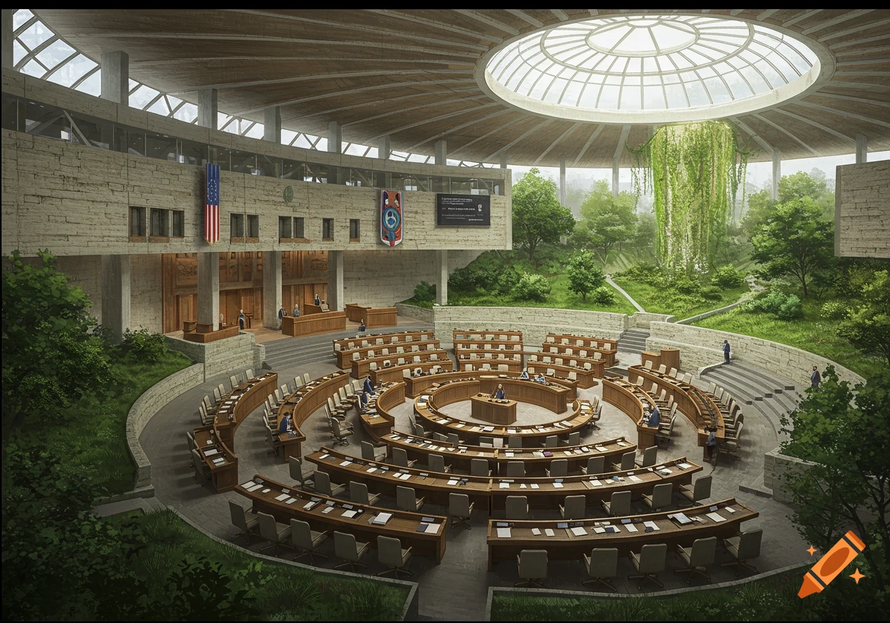 Circular assembly hall with tiered seating, large dome skylight, and ...