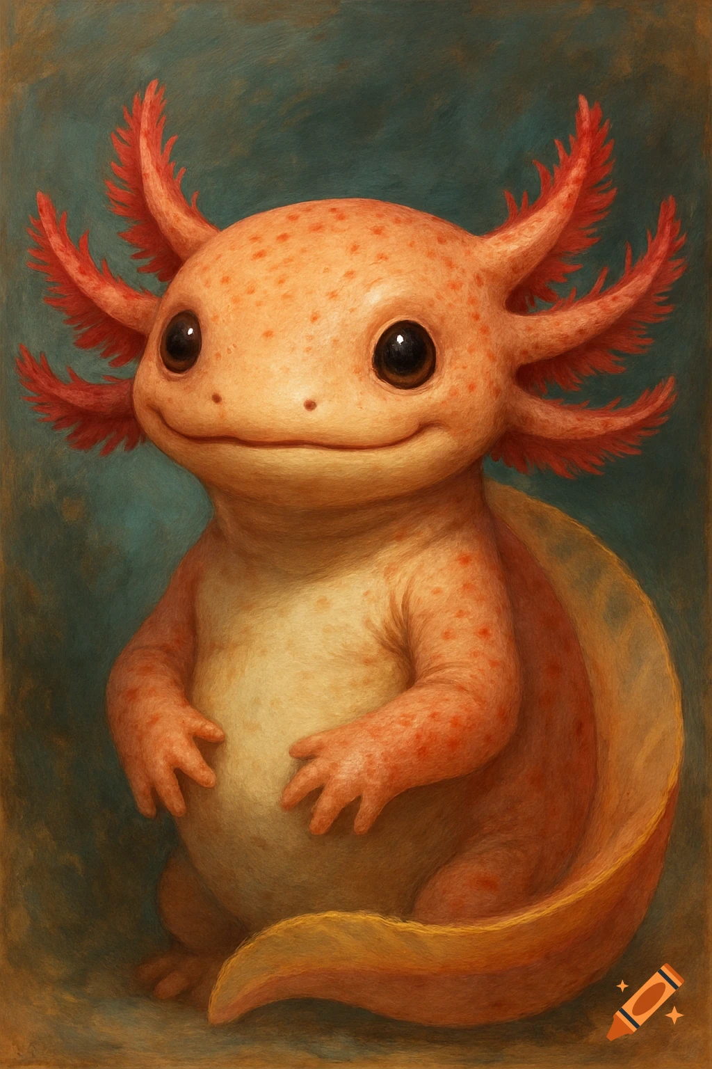 A cute orange axolotl creature standing upright in an illustrated style ...