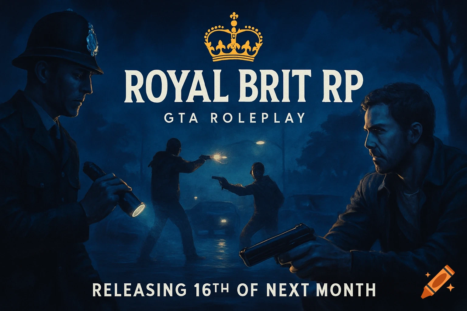 Stylized scene with police, figures with guns, and text promoting a ...