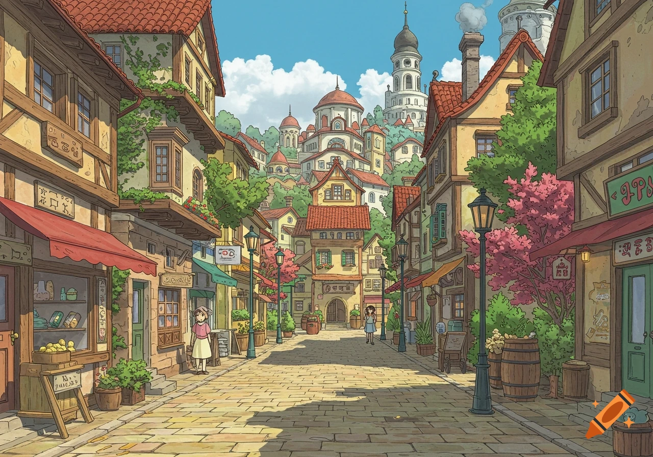A cobblestone street in a charming town with shops, trees, and ...