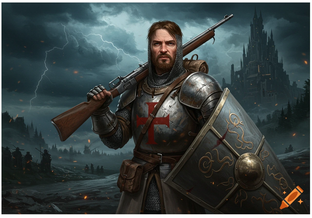 Medieval knight in armor with a rifle and shield stands in a stormy ...