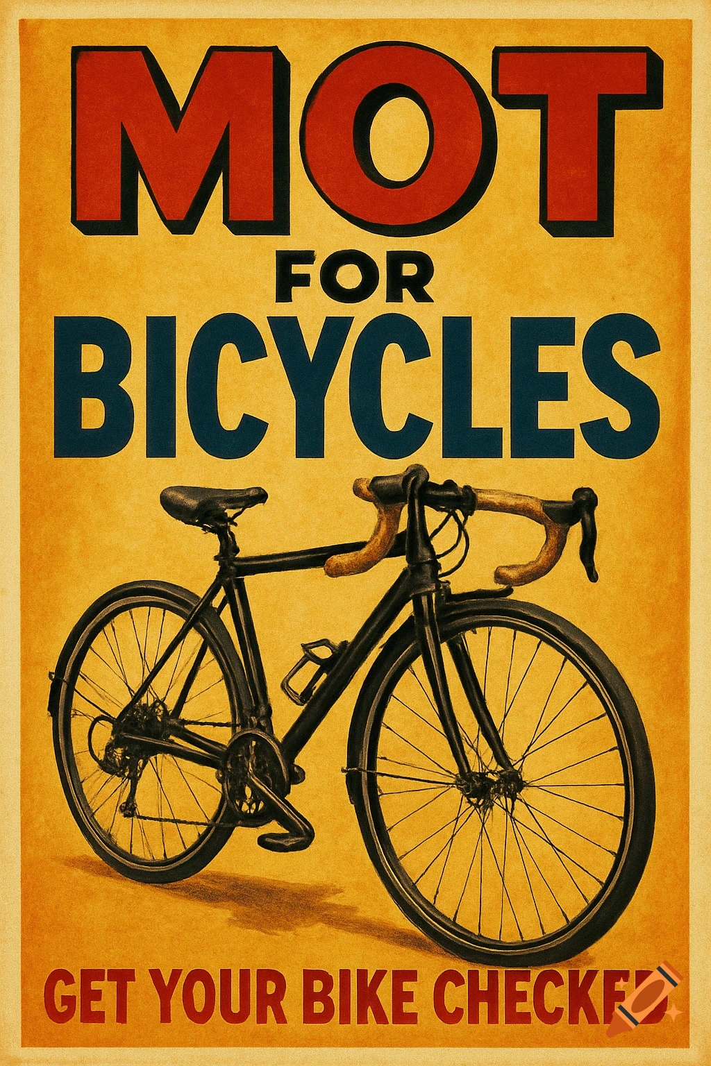 A vintage-style poster advertising MOT checks for bicycles. Text reads ...