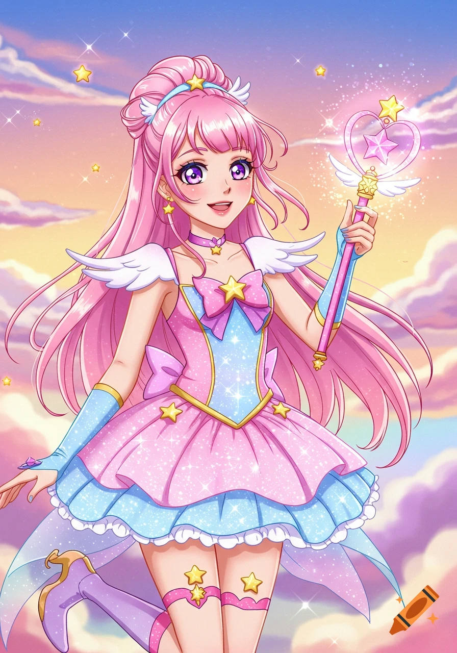 Anime magical girl with pink hair and sparkly dress holding a star wand ...