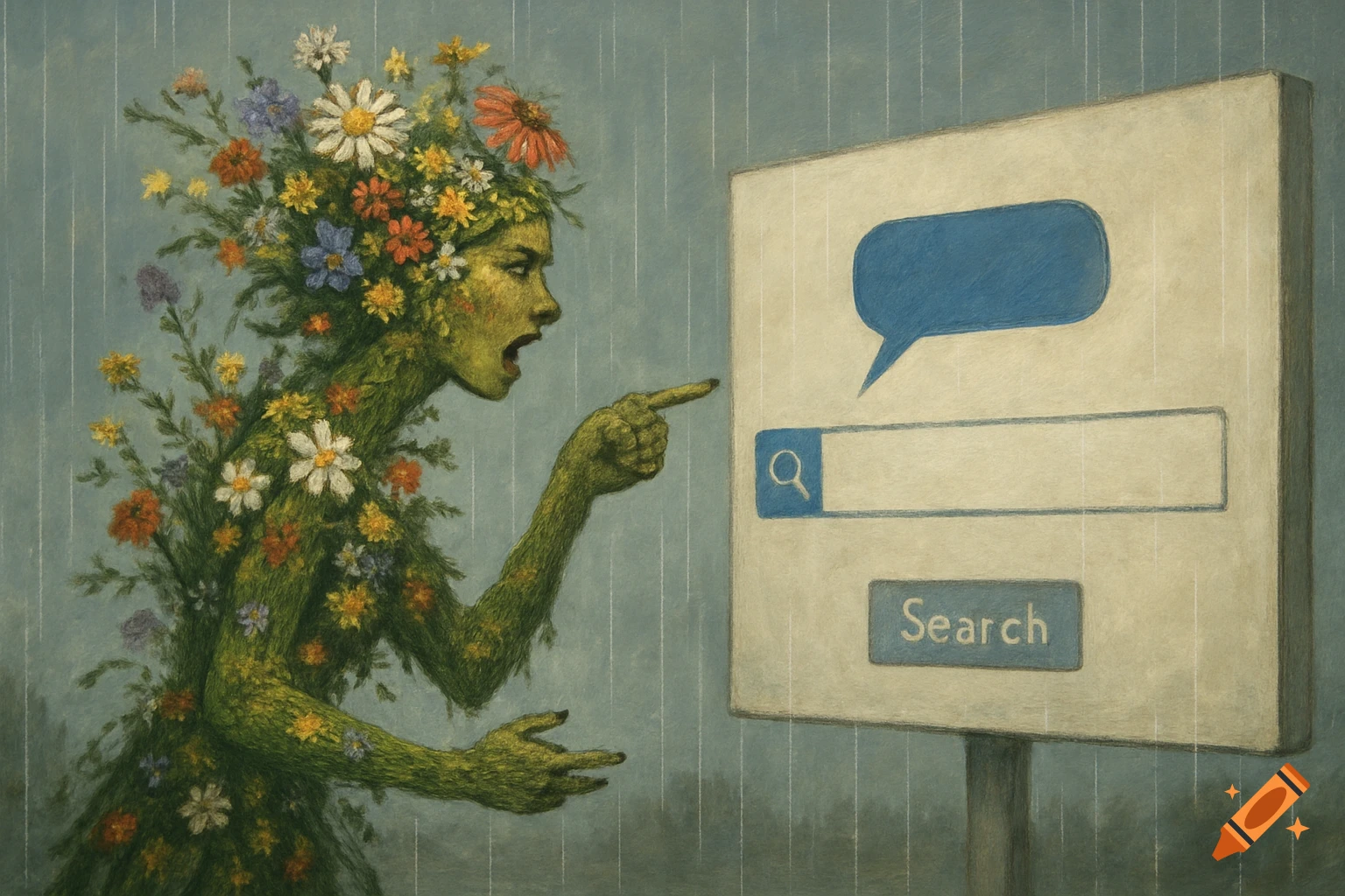 Creature made of flowers and leaves arguing with a search engine ...