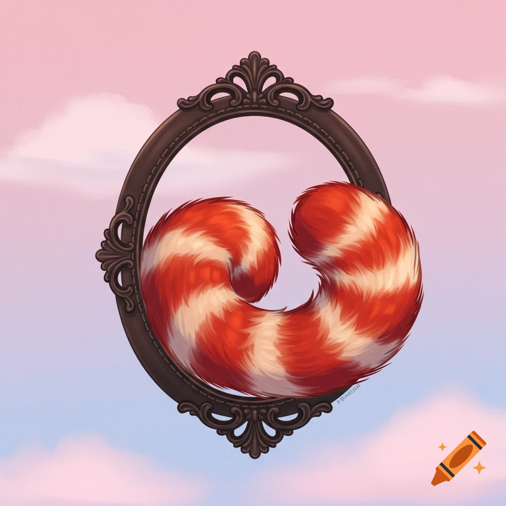 Red panda tail curled in an ornate oval frame against a cloudy sky. on ...