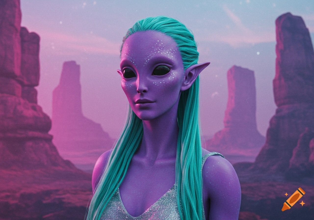 Purple alien woman with teal hair in a sparkling top against a pink and ...