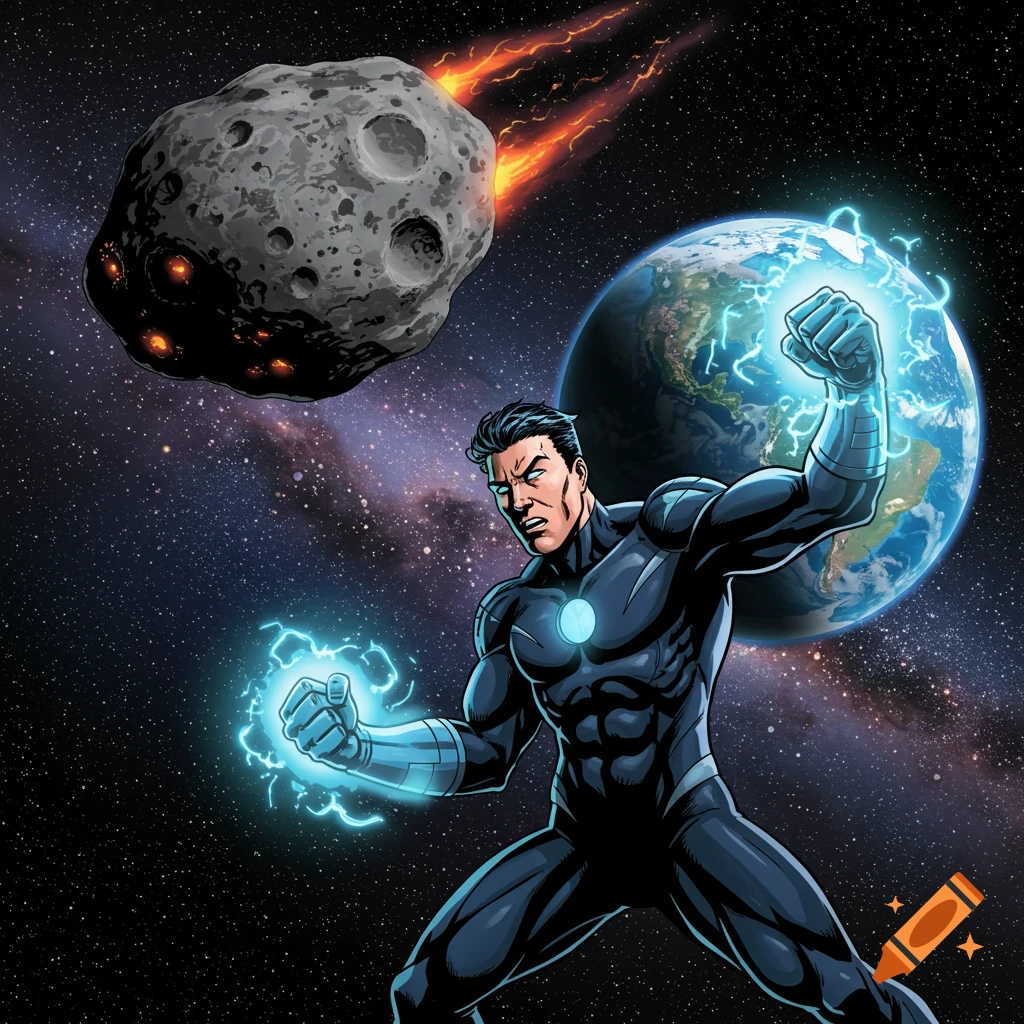 Superhero in dark suit generating energy with Earth and asteroid in ...