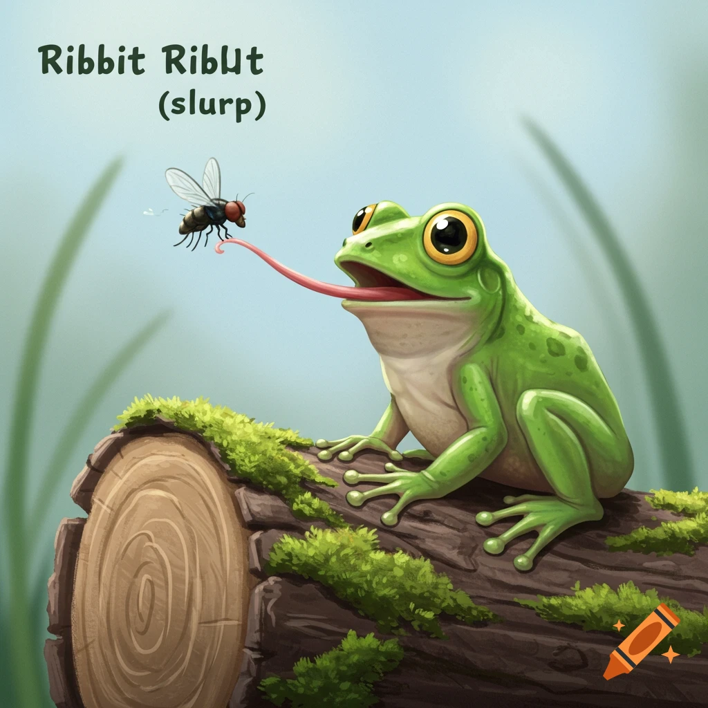 A cartoon frog with its tongue extended tries to catch a fly above a ...