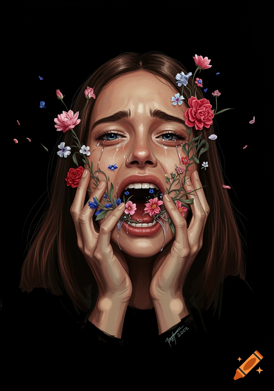 Illustration of a crying woman with flowers growing from her mouth and ...