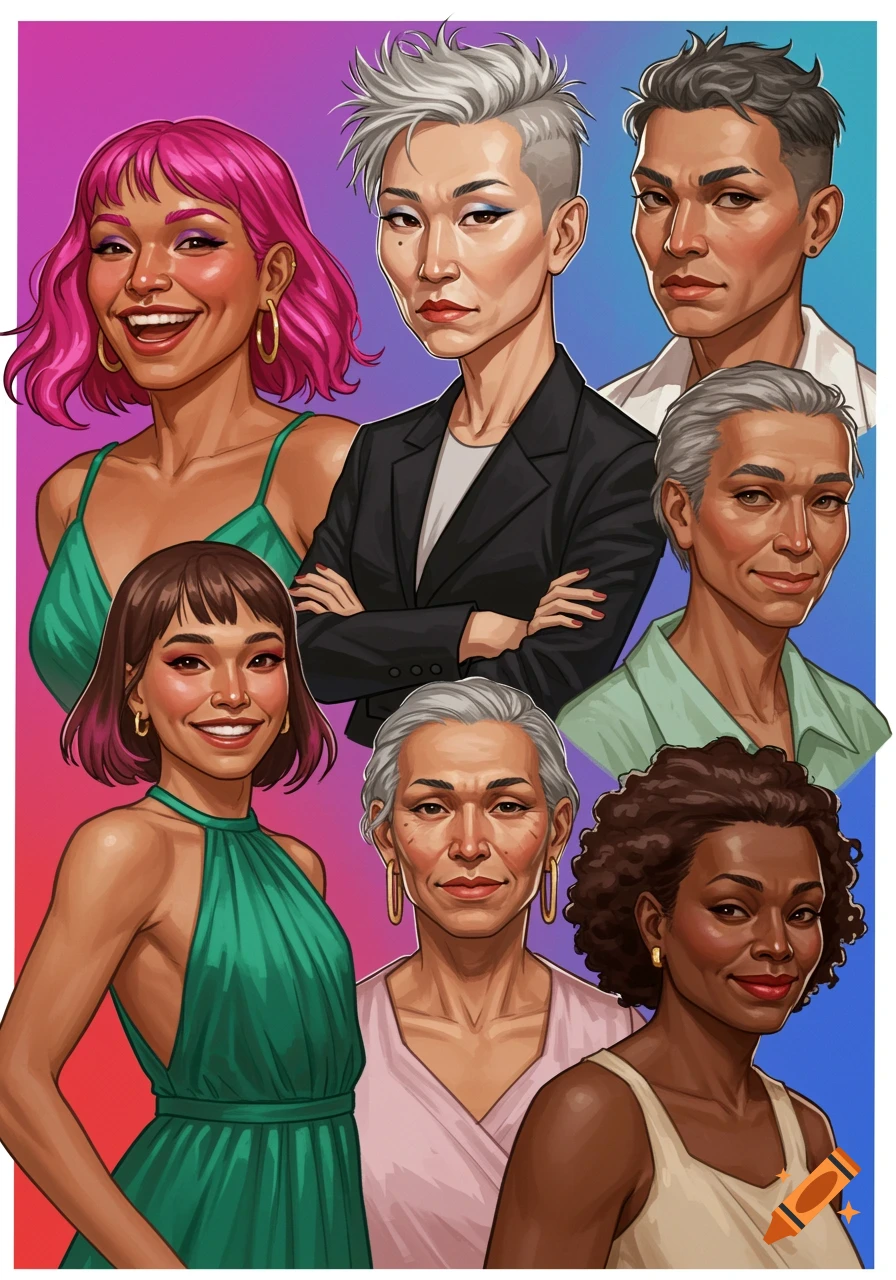 Illustration collage featuring multiple portraits of diverse women with varying ages, skin tones ...