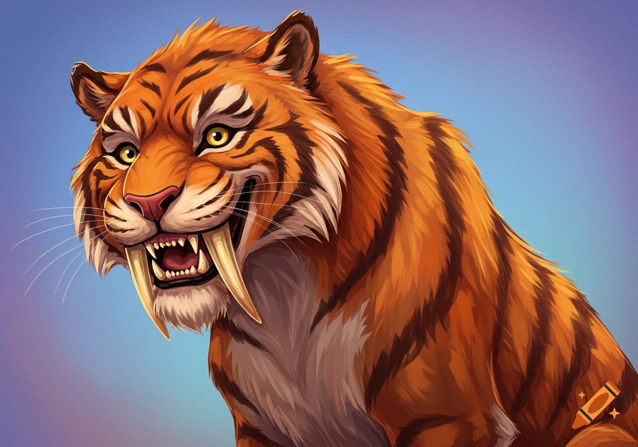 Cartoon illustration of a saber-tooth tiger with a wide, creepy smile ...