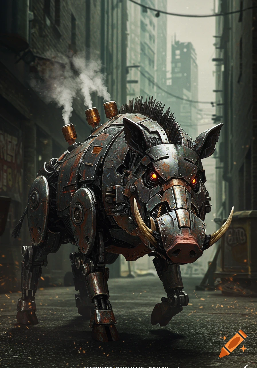 Steampunk robot boar with glowing red eyes and smoking pipes stands in ...