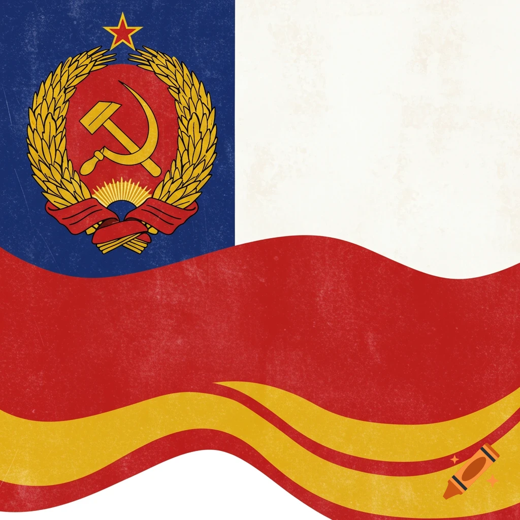 Stylized flag with communist symbol, red and yellow waves. on Craiyon