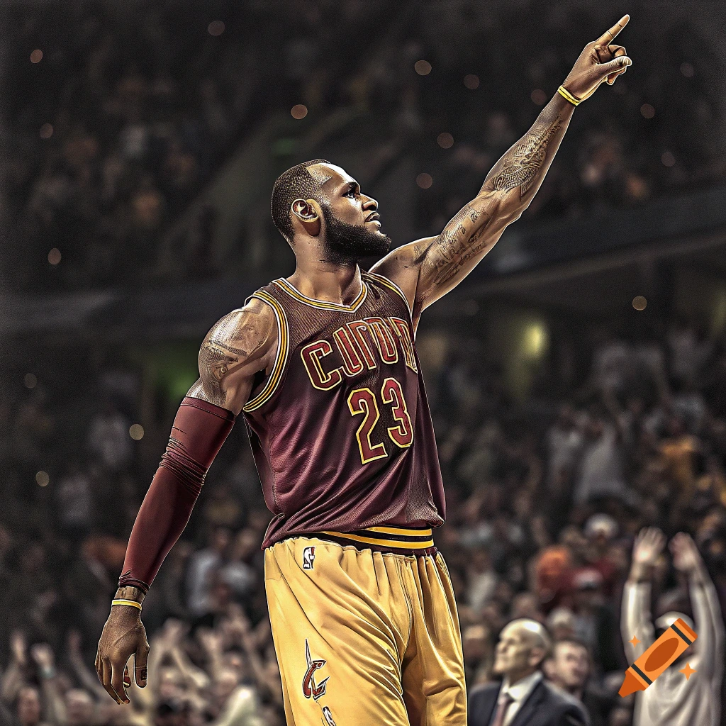 LeBron James in a basketball jersey pointing upwards with a crowd ...