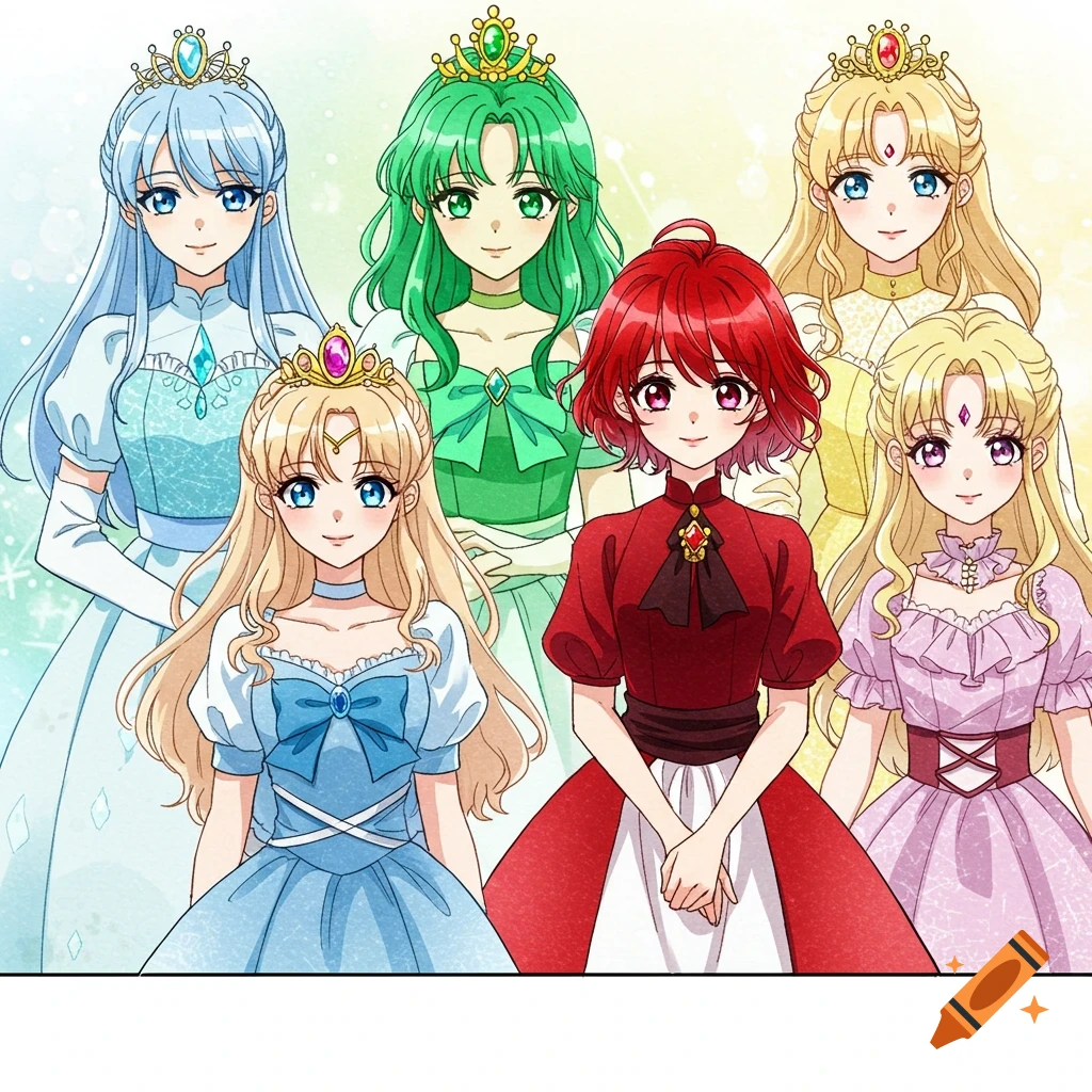 Group portrait of six princesses in colorful dresses, manhwa style. on ...