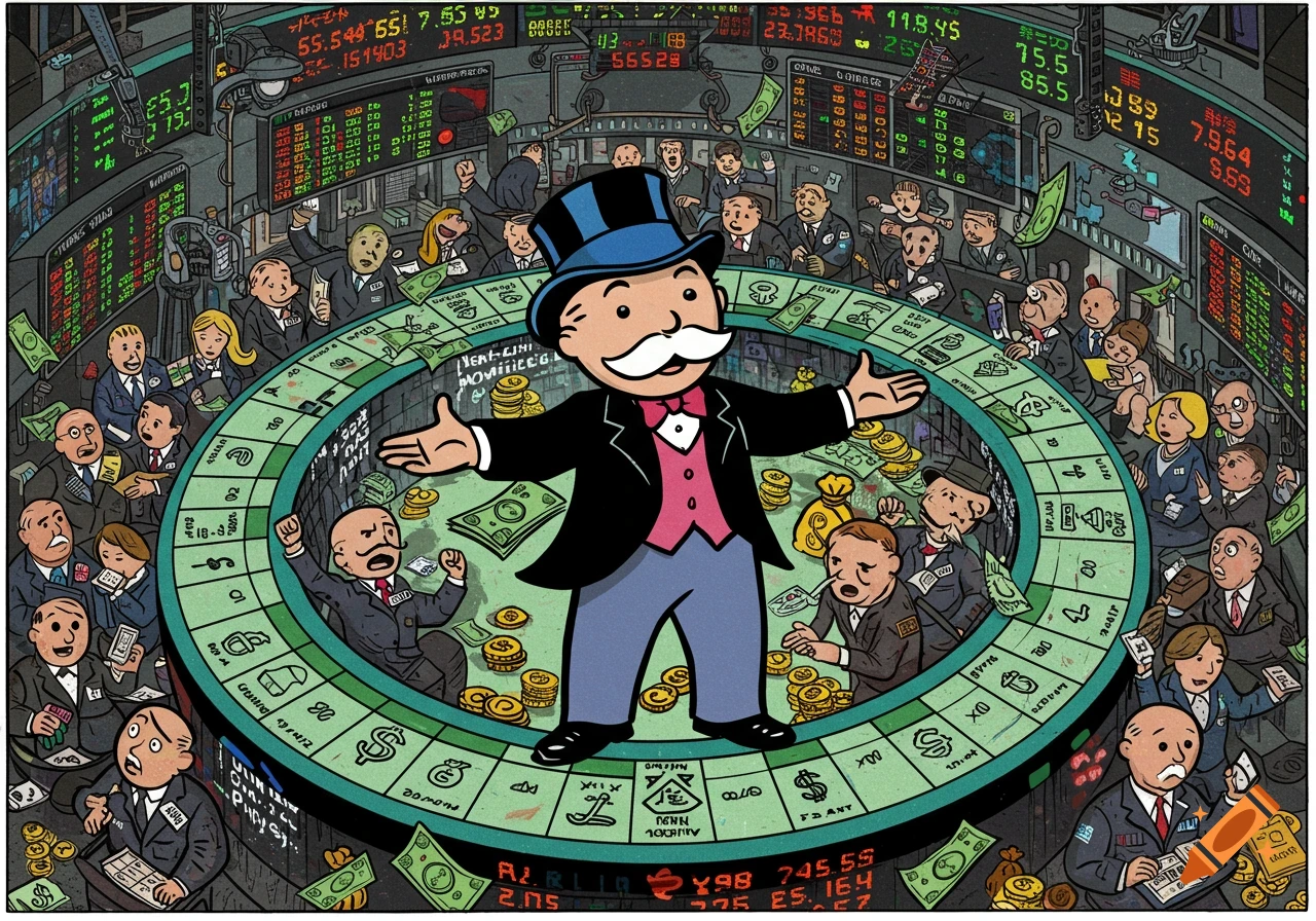 Illustration of the Monopoly man in a busy stock market trading room ...